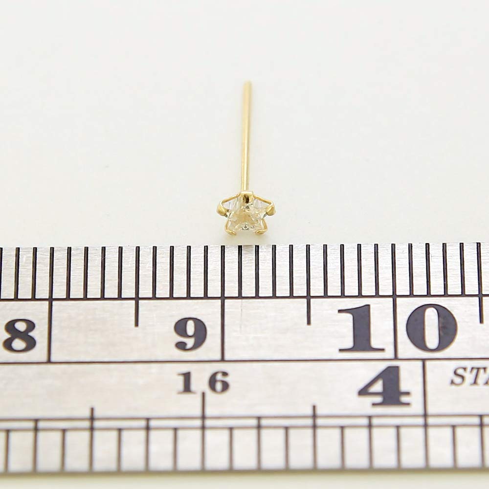 9K Solid Yellow Gold 3MM Star CZ Stone 22 Gauge Straight End Nose Stud Piercing Jewelry
