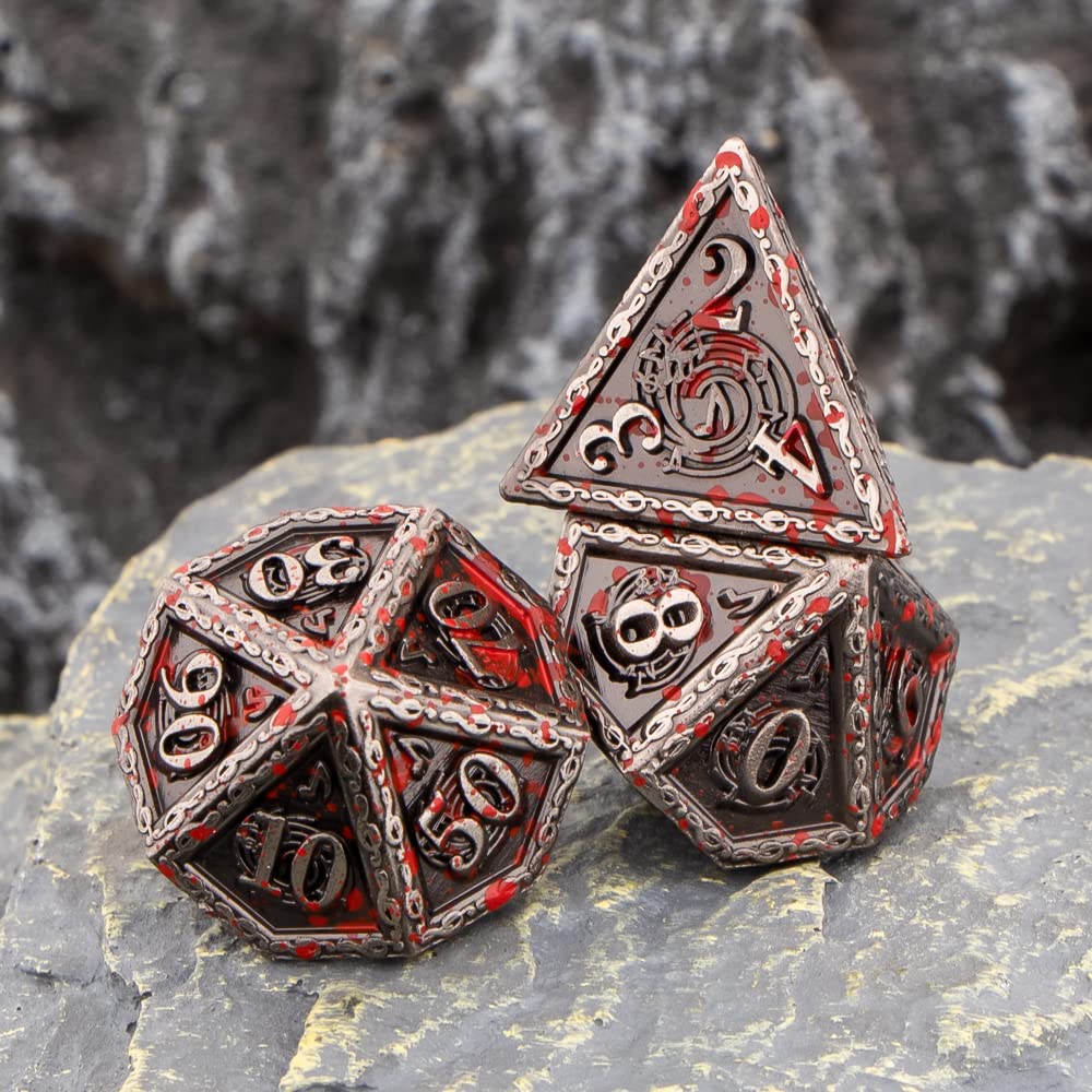 D&D Dice Set for Dungeons and Dragons, RUNFNG 7PCS Metal DND Dice Set D20 D12 D10 D8 D6 D4 D%, Blood Spatter D and D Polyhedral Dice Set for RPG Role Playing Table Game, Warhammer with Gift Box…