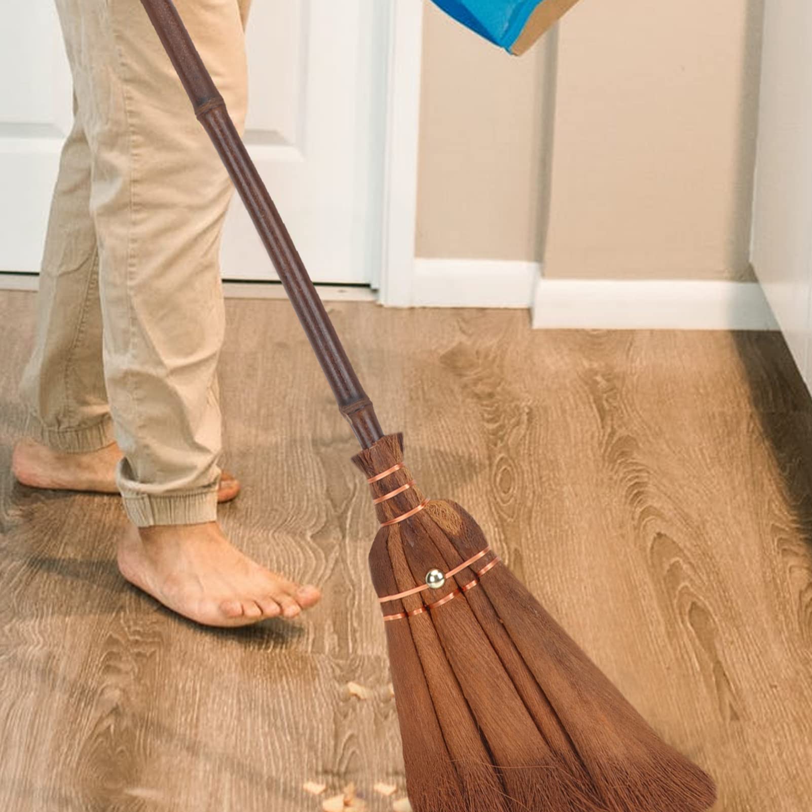 Angoily Palm Broom Small Natural Whisk Broom with Wood Handle Retro Vietnamese Sweeping Broom for Courtyard Garage Lobby Mall Market Sidewalks Decks