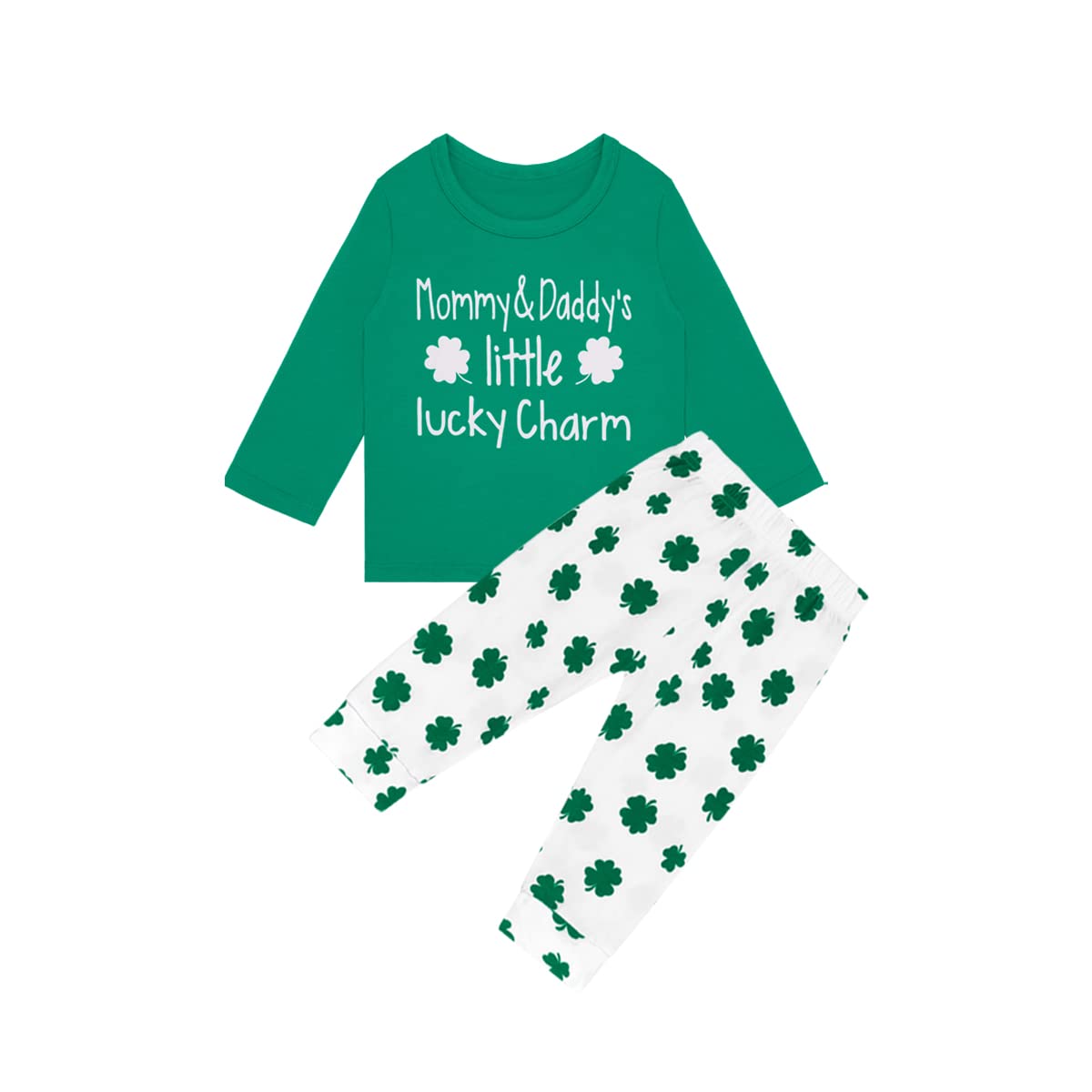 BabyMars Toddler Boys Girls St Patrick's Day Outfit Mommy's Lucky Charm Clover Long Sleeve Baby Pant Set (Green,12-18M), 12-18 Months