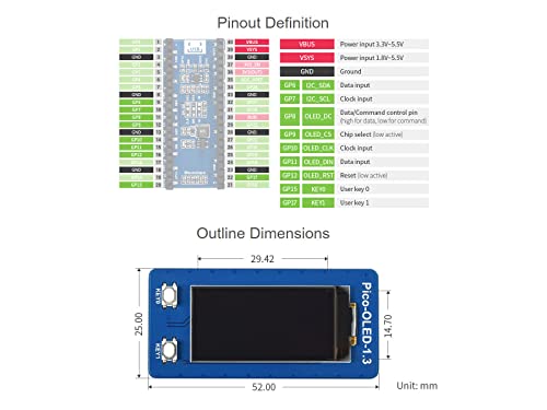 Waveshare 1.3inch OLED Display Module for Raspberry Pi Pico 64×128 Pixels with SPI/I2C Interface Embedded SH1107 Driver Comes with Raspberry Pi Pico C/C++ and MicroPython Demo