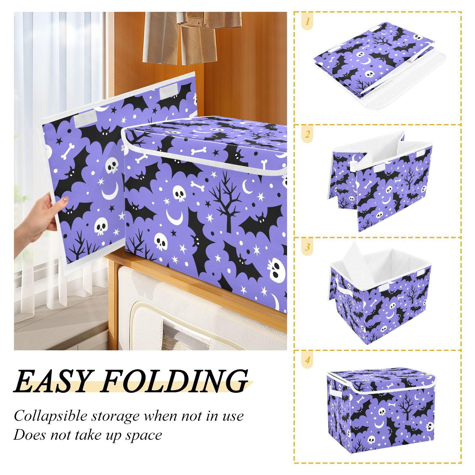 MFTJYO Halloween Bat Skull Moon Star Storage Bin with Lid Foldable Storage Box Washable Fabric Storage Cubes Bin Organizer Basket Closet for Home Bedroom Closet Nursery Office