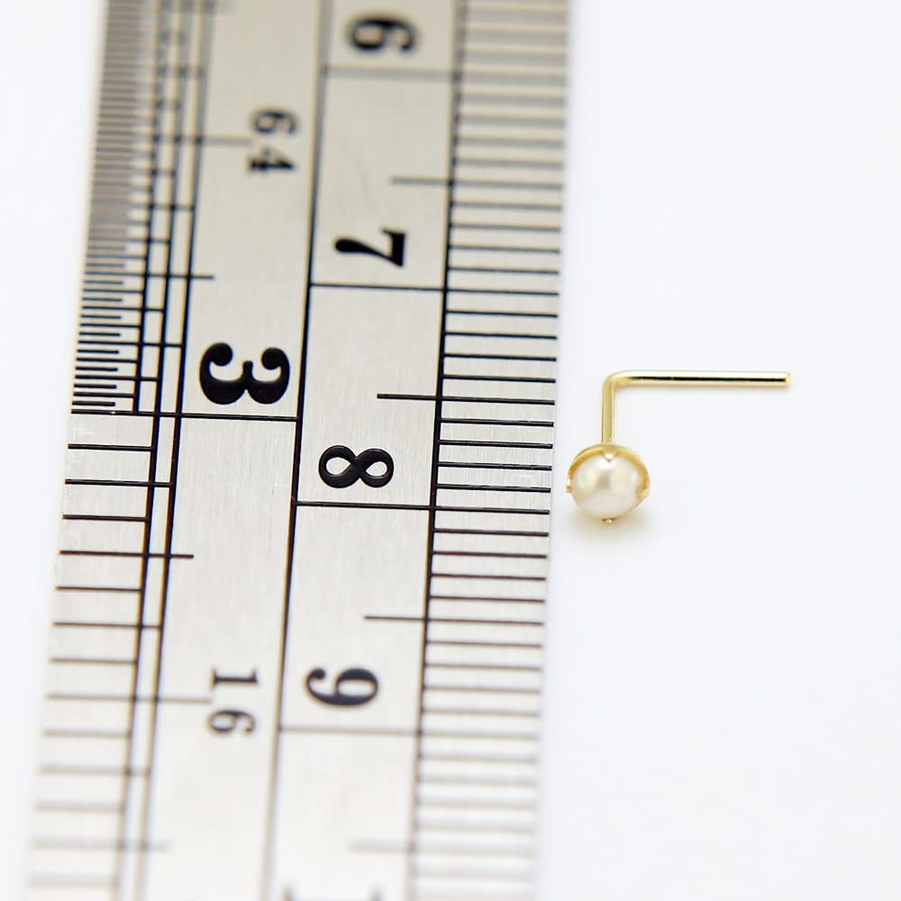 9K Solid Yellow Gold Claw Set 2MM Natural Pearl 22 Gauge L Bend Nose Stud Piercing Jewelry