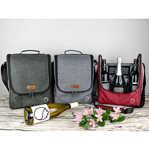 Freshore Insulated Wine 3 Bottle Carriers Tote Travel Cooler Gift Bag For Airplane Liquor With Padded Shoulder Strap (Wine Red)