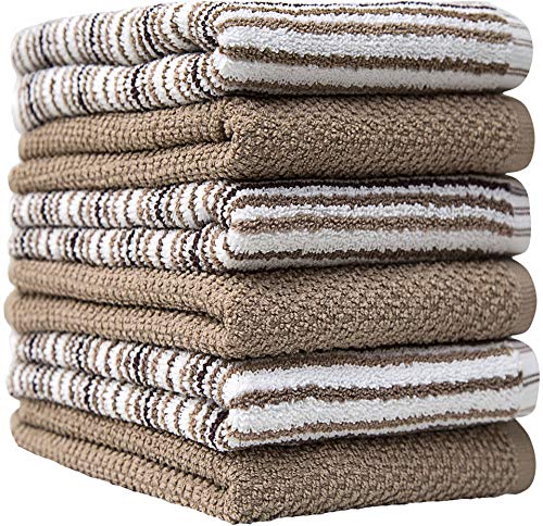 400 GSM Absorbent 6 Pack Cotton Popcorn Stripe Kitchen Towels with Hanging Loop - 16x26 Inches, Tan