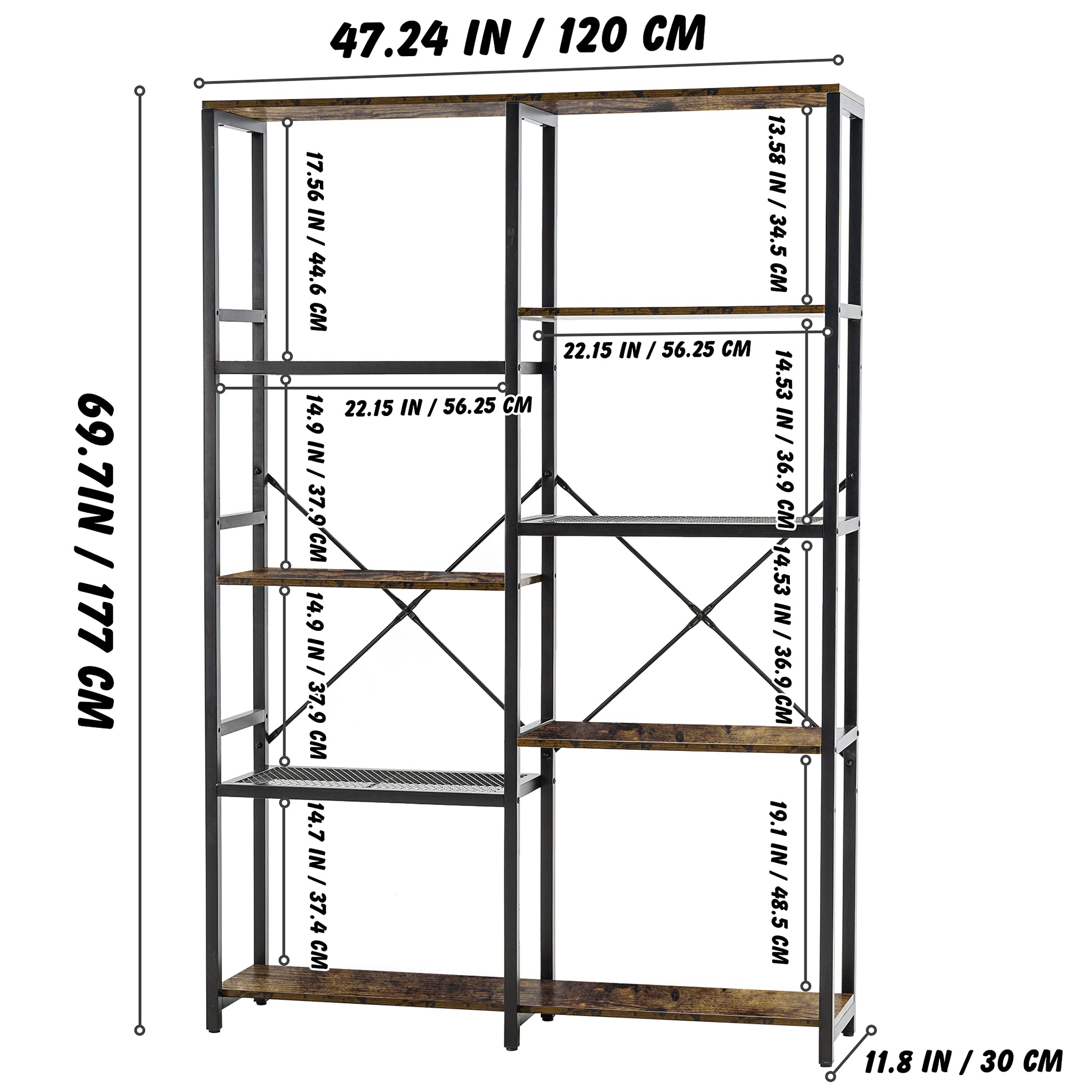 Becko US Bookshelf Bookcase Industrial 8 Tier Book Shelf Vintage Etagere Bookcase with Rustic Finish & Metal Frame & Wire Mesh