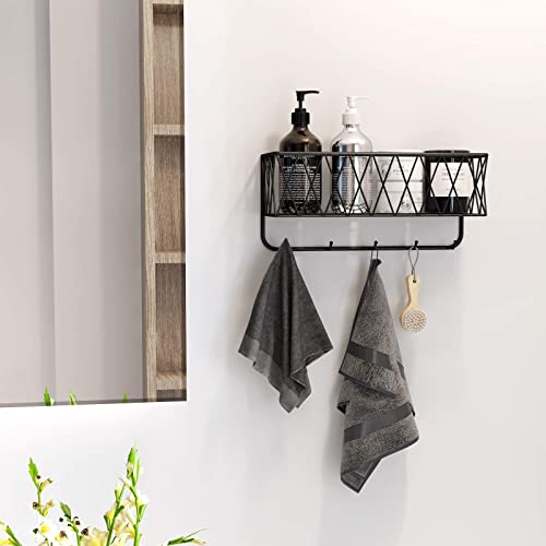OROPY Mail Holder with Key Hooks, 11in L×3.1in W×6.1in H, Wall Mounted Matte Black Metal Wire Mesh Storage Basket with 5 Hooks, Easy to Organize Letters, Magazines, Keys, Leashes for Entryway