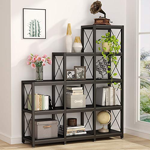 Tribesigns 12 Shelves Bookshelf, Industrial Ladder Corner Bookshelf 9 Cubes Stepped Etagere Bookcase, Rustic 5-Tier Display Shelf Storage Organizer for Home Office (Black)