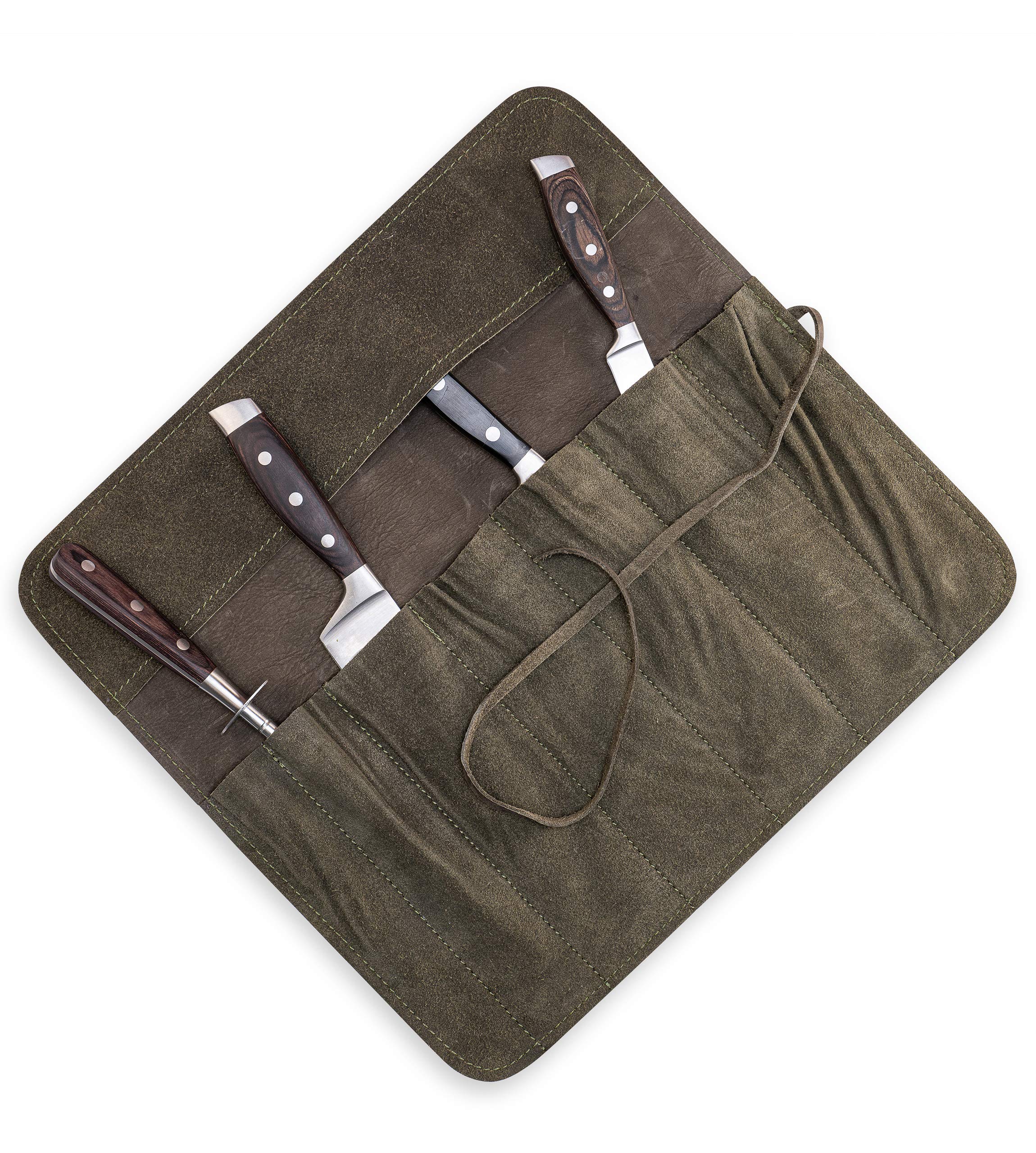 Angus Stoke Knife Bag for Chefs–knife Roll Bag leather 7 slots – Leather Knife Case Noah (green-olive)