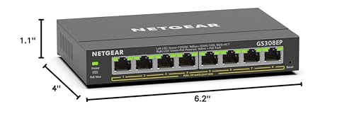 NETGEAR 8 Port PoE Gigabit Ethernet Easy Smart Managed Essentials Switch (GS308EP) - with 8 x PoE+ @ 62W, Desktop or Wall Mount
