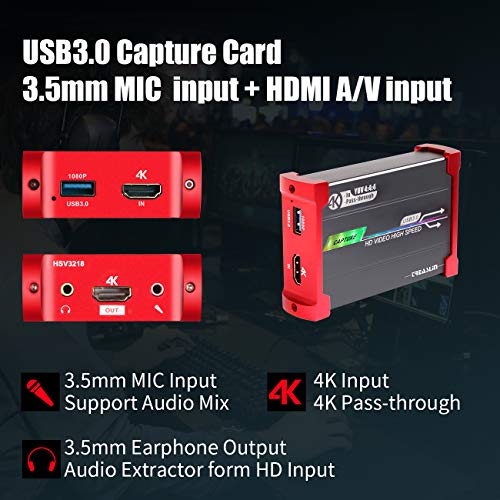 TreasLin Capture Card 4K 60FPS Game USB3.0 Capture, Video HDMI Cool Capture Card Live Streaming Share for PS5 PS4 Switch Wii U DSLR Xbox on OBS, Windows, Mac, Zero Latency HDMI Pass-through