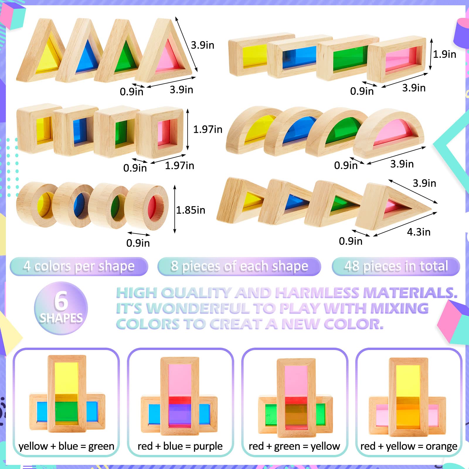 48 Pcs Wood Building Blocks Rainbow Geometry Wooden Blocks Construction Colorful Sensory Stacking Blocks for Toddlers Baby Kids Play Montessori Preschool Table Game Learning Educational Activity