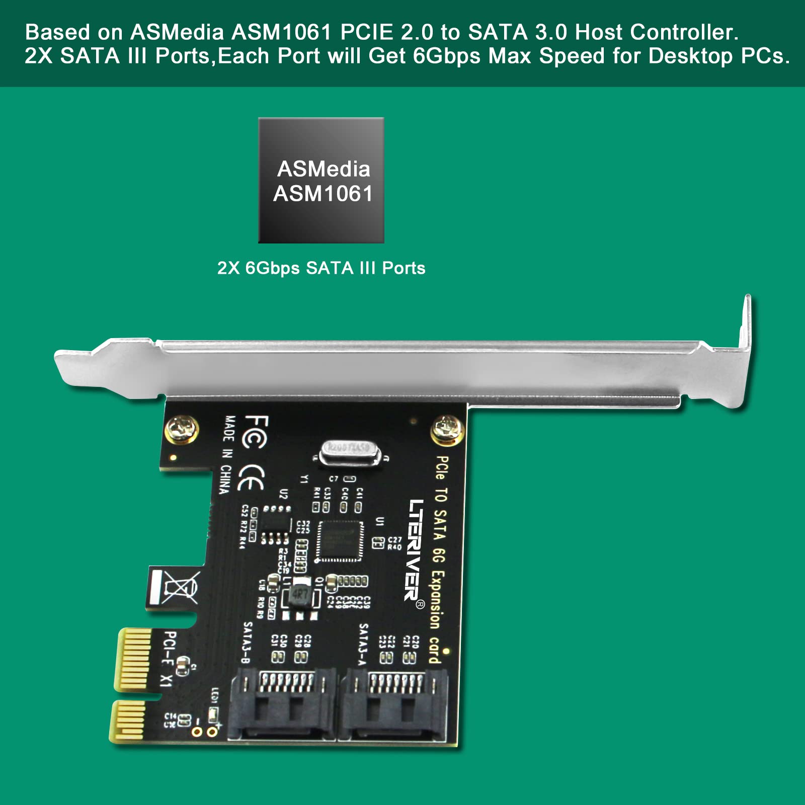 LTERIVER PCIE to 2-Ports Serial ATA/SATA 3.0 Host Controller Card, Plug and Play on Windows OS, MAC OS and Linux Kernel PCs, 2X 6Gbps Max SATA 3.0 None Raid Ports-Support AHCI Boot Up (PCE-G2S2)