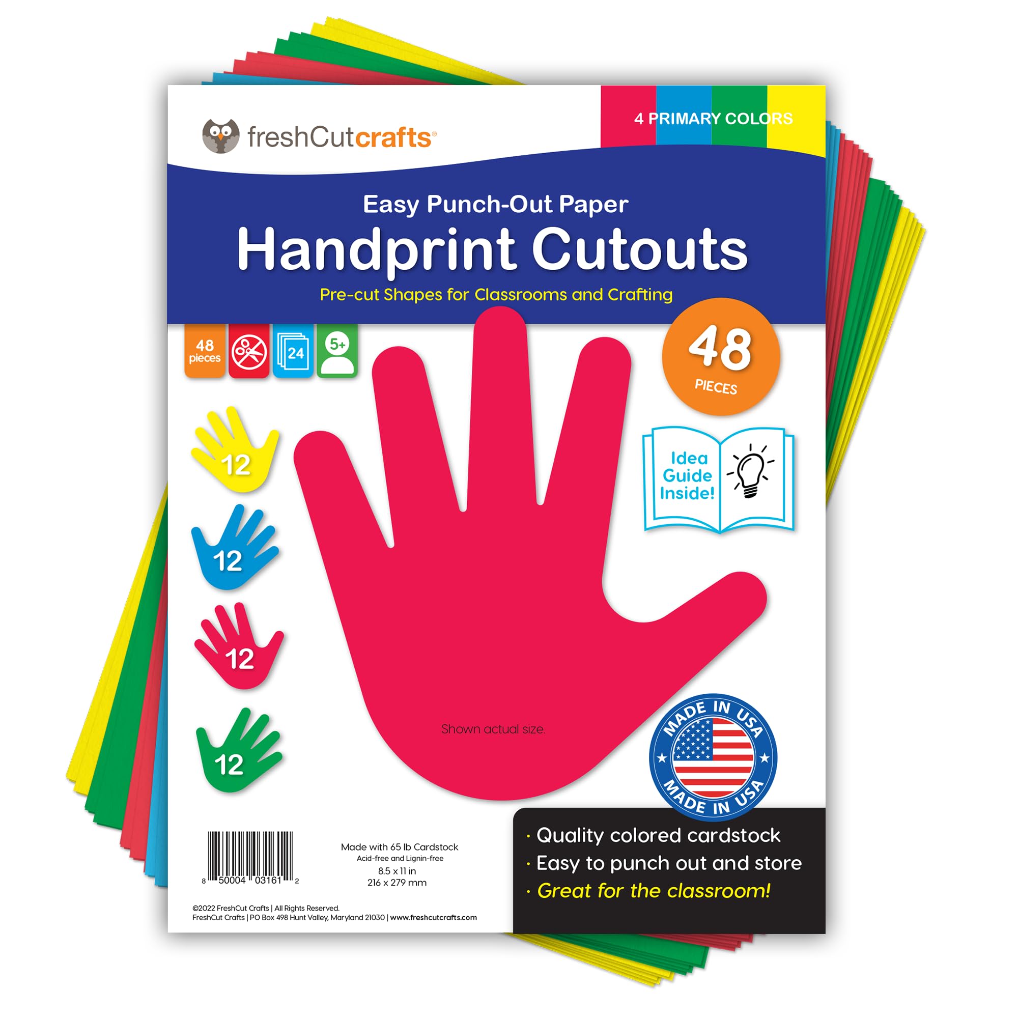48 Piece Handprint Primary Cutouts with IDEA Guide, US Made 2-Sided Brightly Colored Card Stock Punch Out Handprint Paper Accents for Bulletin Boards, Classroom Decor, Back to School & DIY Crafting
