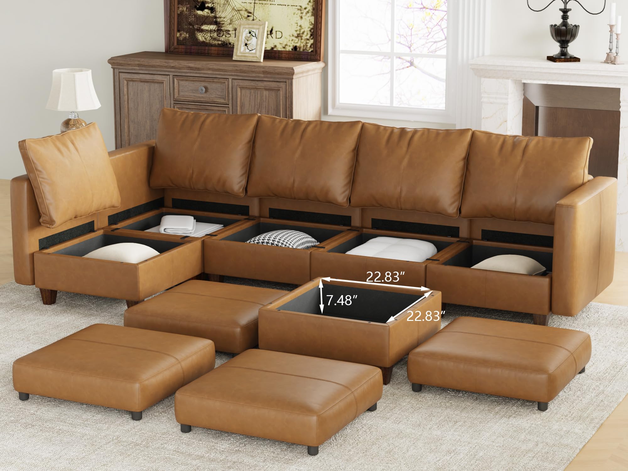 EASE MOOSE Customizable Modular Sectional Sofa with Storage Ottomans, Faux Leather Sectional Couch Convertible Modular Sofa with Reversible Chaises