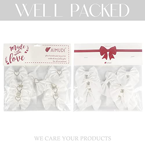 AIMUDI White Bows Satin Ribbon Rhinestone Bows 3" Premade Sparkle Bows with Gems Pre-Tied Craft Bows with Rhinestone Gift Bows for Wedding Sewing Crafts Gift Wrapping Baby Shower - 12 Counts
