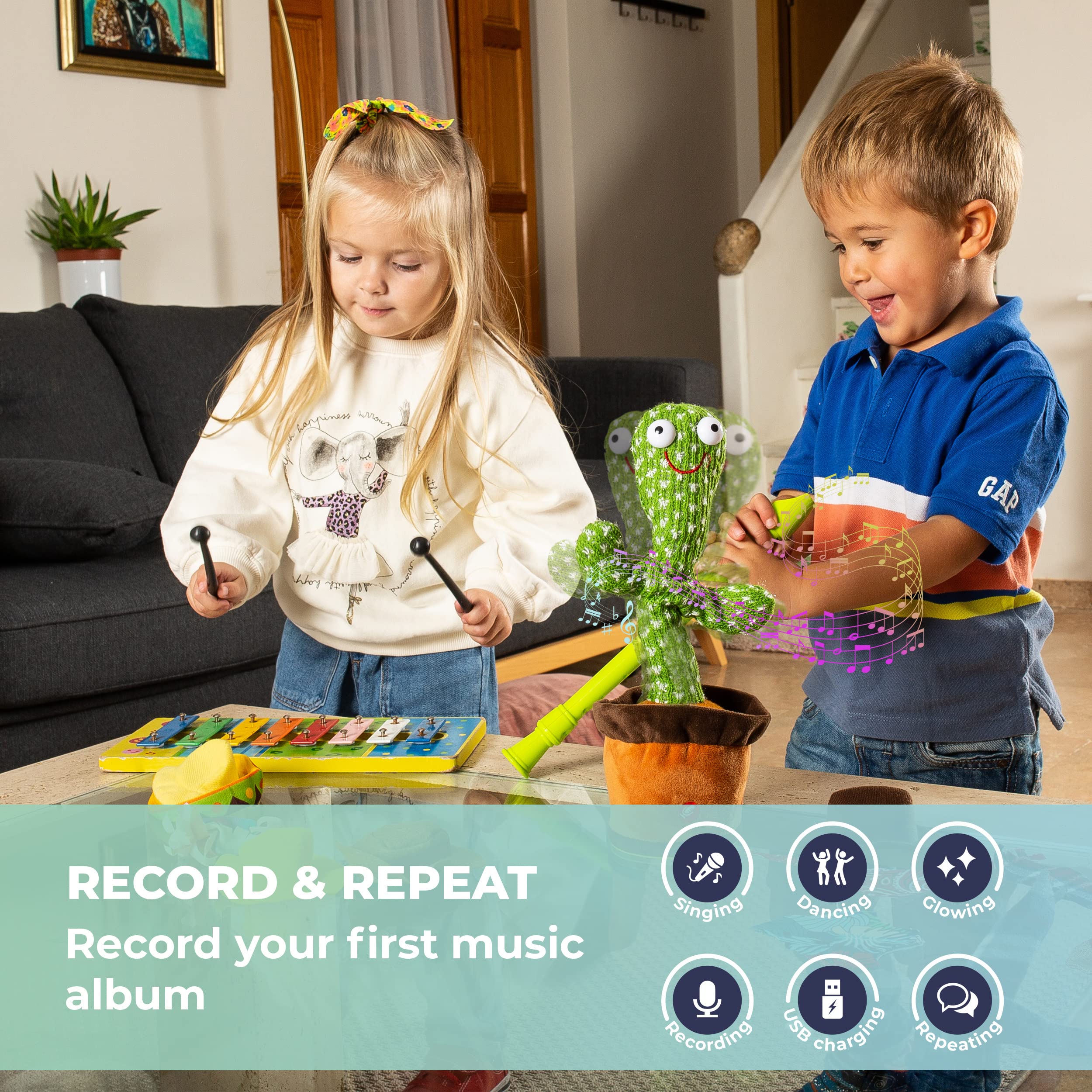 Chuchik Dancing Talking Cactus Toy for Babies - 60 Songs, 3 Changeable Outfits, Glowing LED Lights (1 Pack)