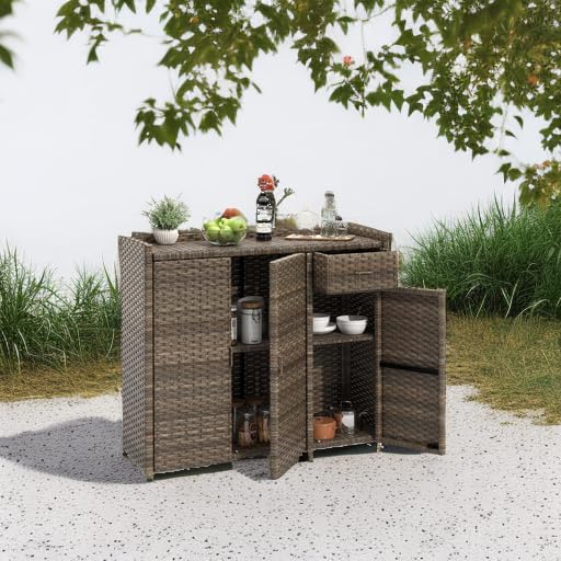 YITAHOME Outdoor Storage Cabinet, Weather-proof Rattan Bar Table with Two Doors, Adjustable Shelves & Foldable Drawer, Wicker Patio Storage Box for Outdoor Cushions, Pool Toys and Garden Tools - Brown