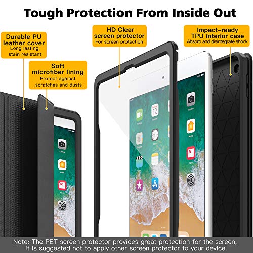 MoKo Case Fit 2018/2017 iPad 9.7 6th/5th Generation, [Built-in Screen Protector] Full-Body Shockproof Case Smart Shell Trifold Stand Cover with Auto Sleep/Wake & Pencil Holder - Black