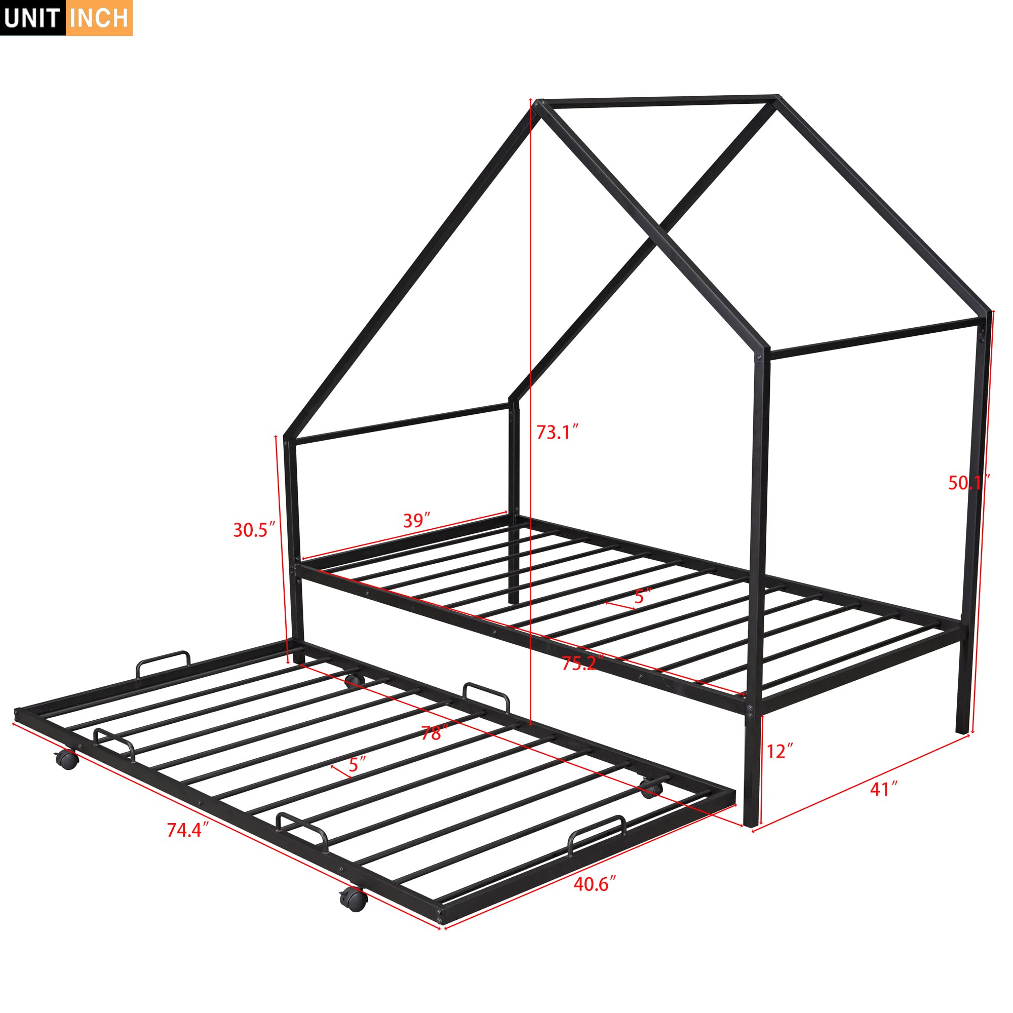 Bellemave Twin Size House Bed with Trundle, Kids Montessori Beds Metal Canopy Bed Frame for Girls Boys Teens, No Spring Box Needed, Black