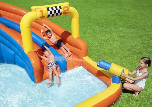 Bestway H2OGO! 18 x 16.5 x 8.7 Foot Super Double Racing Super Speedway Kids Inflatable Water Park with Air Blower, Ground Stakes, and Storage Bag