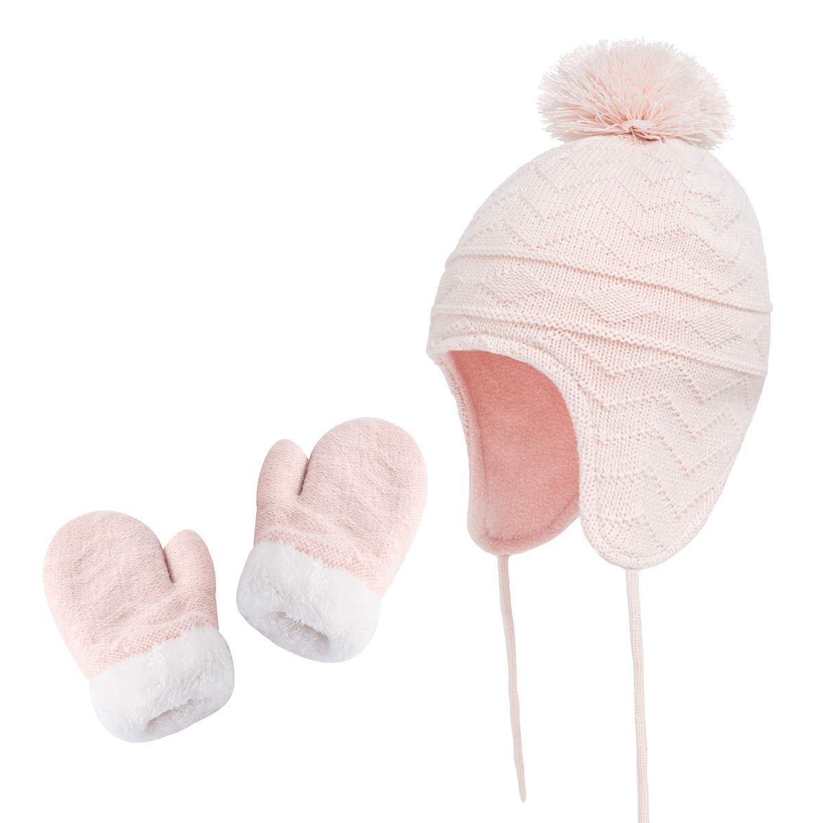 Kids Hats and Gloves Set Girls Toddler Baby Winter Hat Mitten Knit Earflap Beanie Warm Fleece Cap Pink