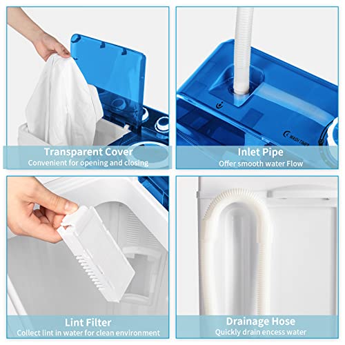 Winado 26LBS Portable Washing Machine, Compact Mini Washer Machine & Dryer Combo, Built-in Gravity Drain, Small Twin Tub Washer with Spin Cycle for Laundry Room, Apartments, Dorms, RV's (Blue)