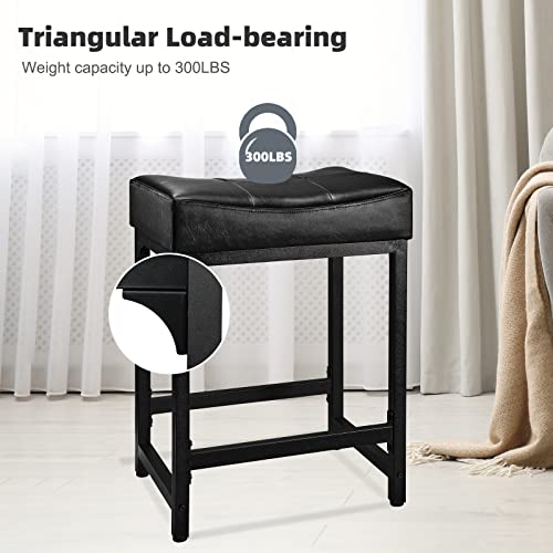 FLYZC Counter Height Bar Stools Set of 2, 24 Inch Stools for Kitchen Counter with Soft Cushion Bar Stools and Barstools Steel Frame, Black Saddle Stools for Kitchen Island Bar Support 300 LBS(Black)