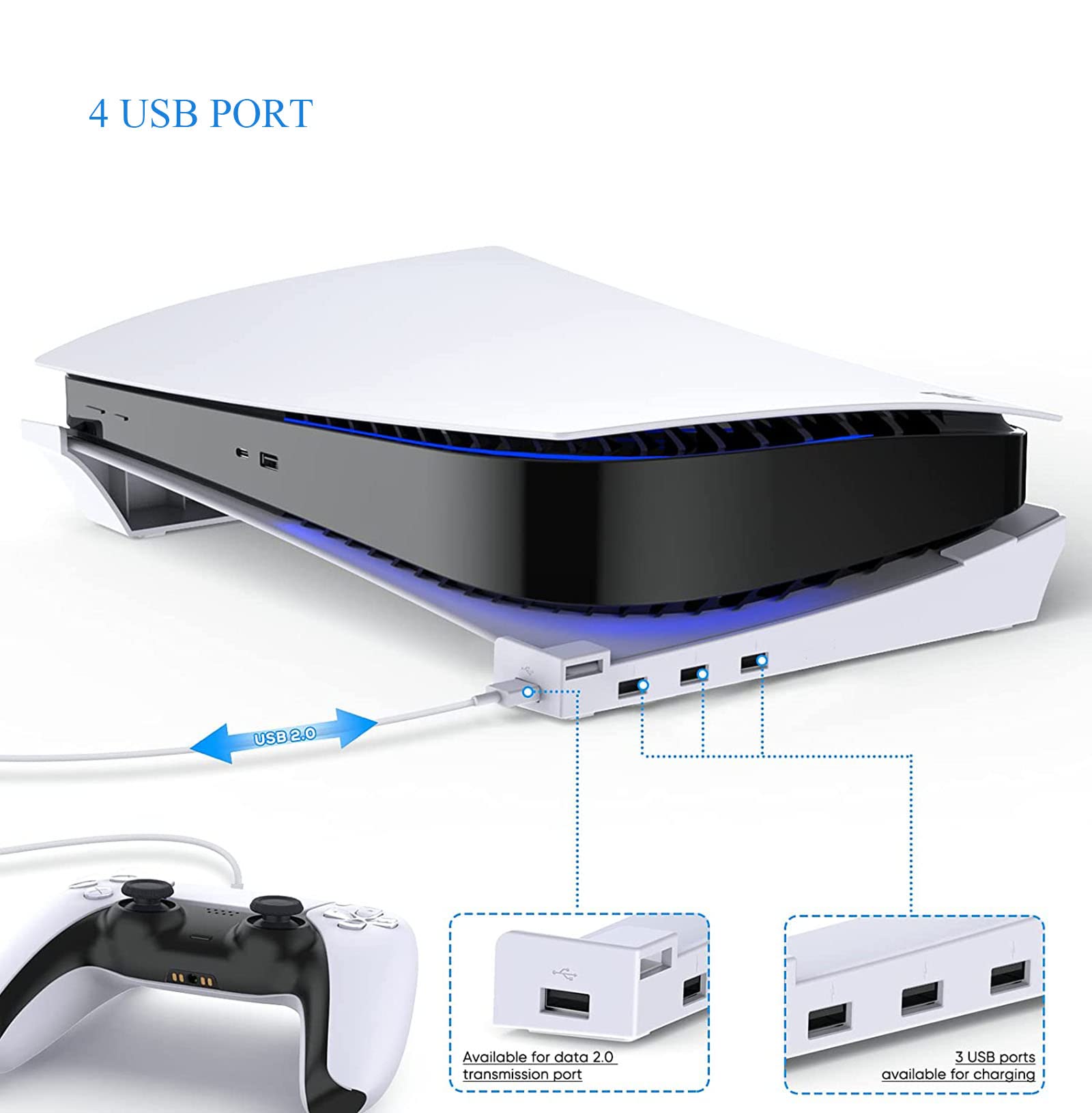 Beeka PS5 Horizontal Stand with Cooling Fan, Playstation 5 Accessories, Built in LED Light, Auto On Off, Extra USB Port, Compatible with White