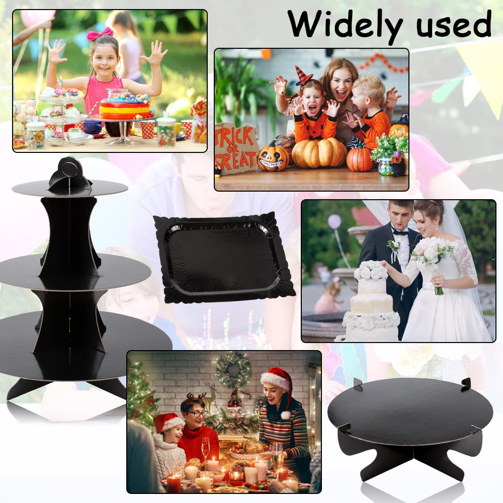 7 Set Black Cupcake Stand 3-Tier Cardboard Cupcake Tower Stand Disposable Cake Stand Holders Rectangle Serving Tray 1-Tier Round Cake Stand Platters for Easter Party Supplies