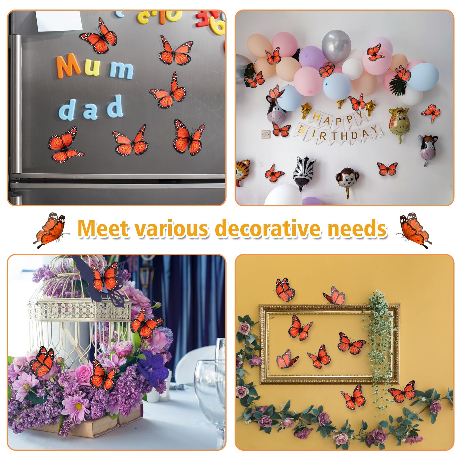 48 Pcs Monarch Butterfly Decorations, Orange Artificial Monarch Butterfly for Craft Home Room Wedding Birthday Party Decor