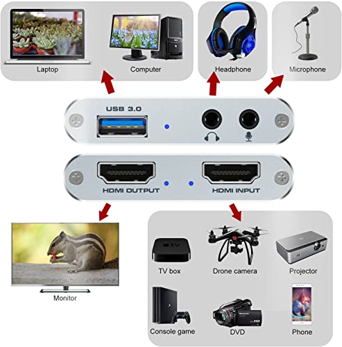Video Capture Card 4K 1080P 60FPS, USB 3.0 HDMI Video Capture Device, HD Game Capture Card for Streaming, Work with PS4/PS5/Xbox/PC/Mac Windows 10/11