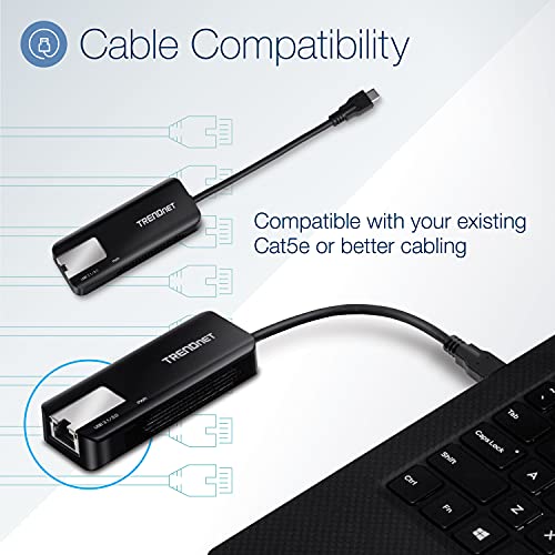 TRENDnet USB-C 3.1 to 5GBASE-T Ethernet Adapter, 2.5GBASE-T RJ-45, Integrated 12.6cm (4.9 in) USB Type C Cable, Compatible with Cat5e Or Better Cabling, Windows Compatible, Black, TUC-ET5G