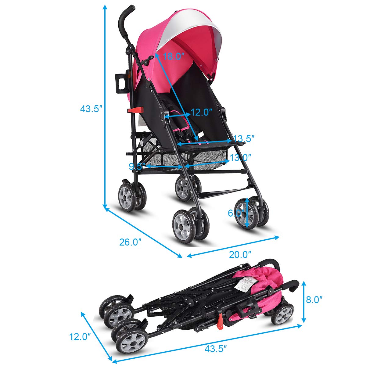 HONEY JOY Baby Lightweight Stroller, Compact Travel Stroller for Airplane, Adjustable Backrest & Canopy, 5-Point Harness, Cup Holder, Storage Basket, Foldable Umbrella Stroller for Toddlers (Pink)