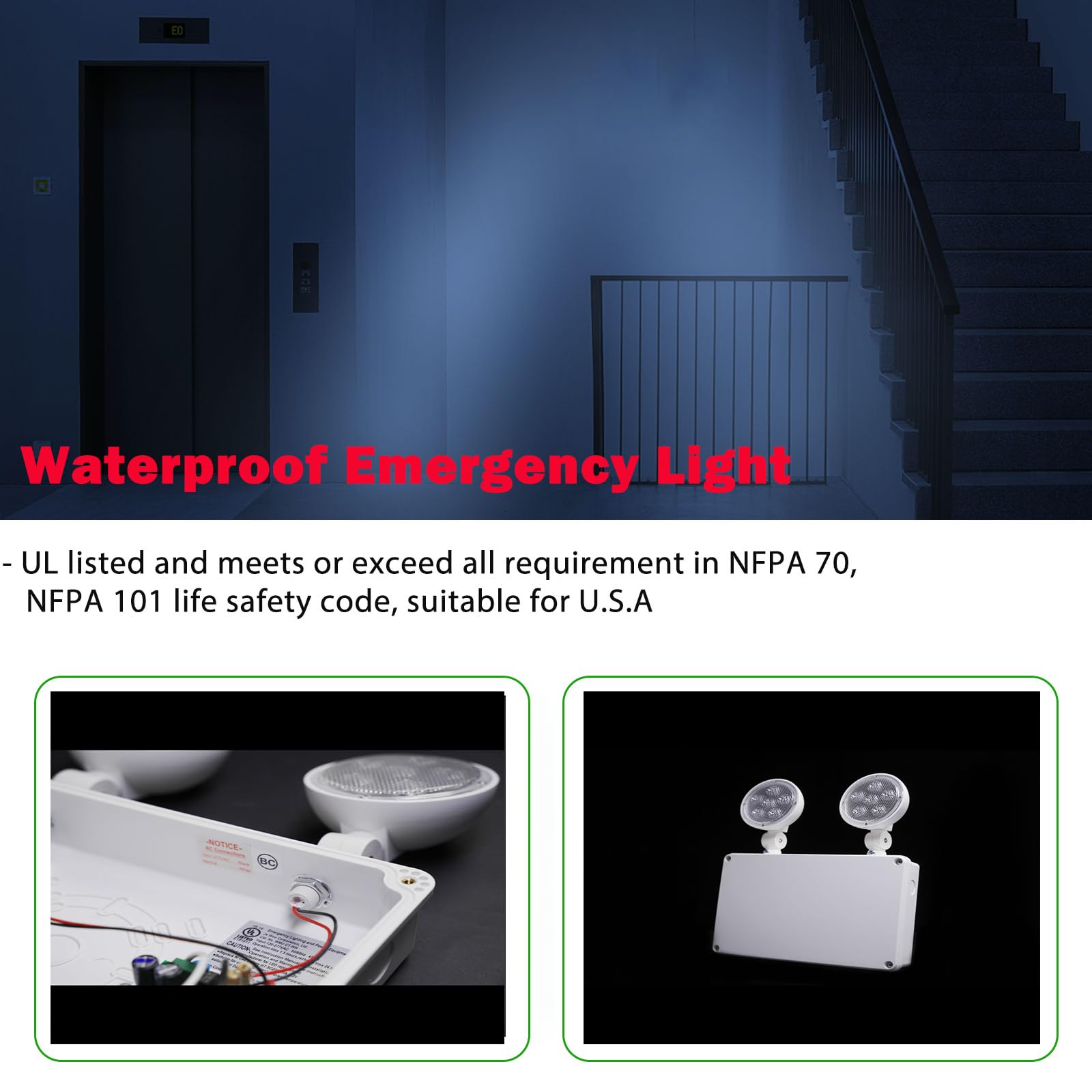 Garrini Waterproof LED Emergency Light, White housing, Dual Rotational LED Emergency Light with Backup Battery, Commercial Grade, Fire Resistant,Suitable for Wall Mount, Wet Location WMU