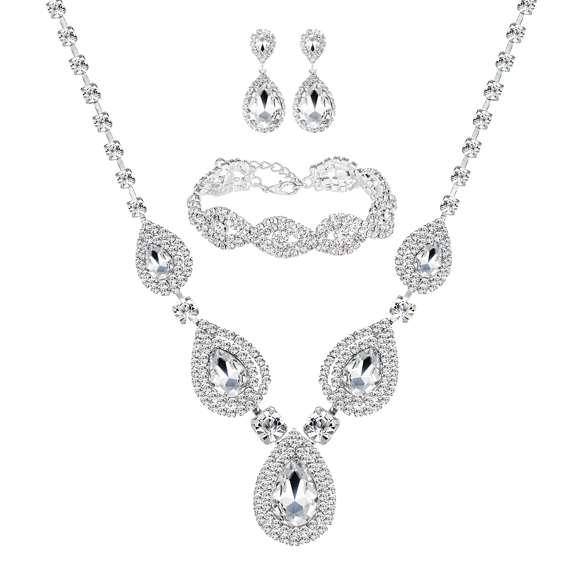 3 Pack Bridal Rhinestone Crystal Necklace Link Bracelet and Teardrop Dangle Earrings Jewelry Set Gifts fit with Wedding Dress Party
