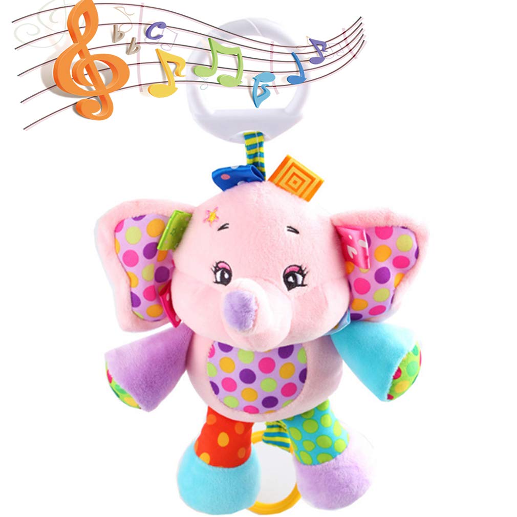 Zocita Baby Musical Stroller Toys Cute Animal Rattle Plush Crib Doll for Infant Toddler Kids (Pink Elephant)