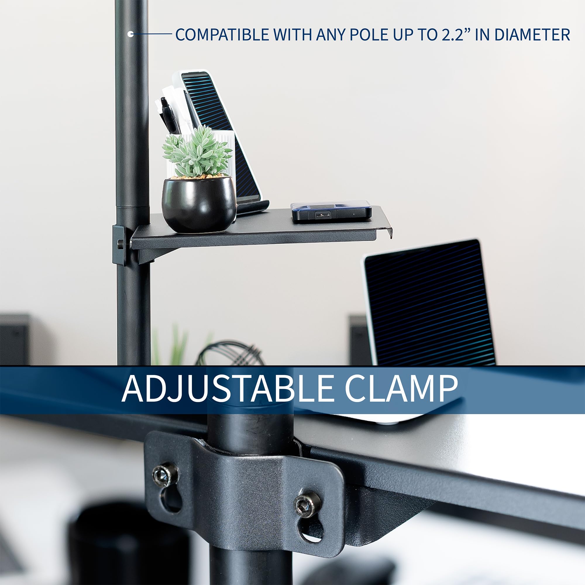 VIVO Universal Steel 14 x 10 inch Shelf Pole Mount for TV Cart, Speaker Stand, and More/Clamp-on Utility Storage Platform, Black, MOUNT-SF13P