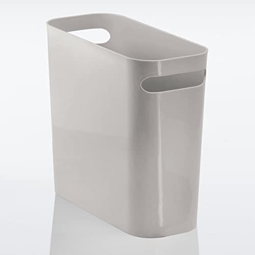mDesign Plastic Small Trash Can, 1.5 Gallon/5.7-Liter Wastebasket, Narrow Garbage Bin with Handles for Bathroom, Laundry, Home Office - Holds Waste, Recycling, 10" High, Aura Collection, 2 Pack, Gray