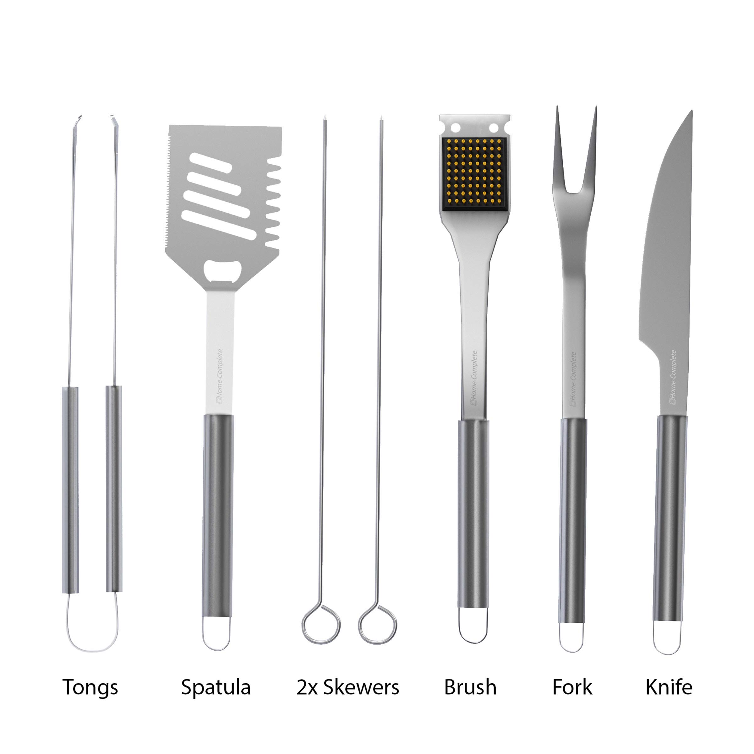 7-Piece Stainless-Steel BBQ Cooking Utensils Set - Barbecue Grill Accessories with Aluminum Portable Handled Storage Case by Home-Complete (Silver)
