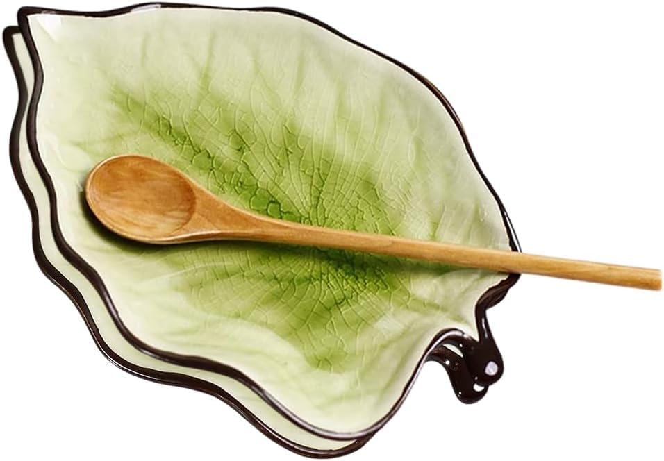 Lanxitown 2pcs Ceramic Spoon Rest Leaf Shaped Spoon Holder Coffee Spoon Rest Kitchen Spoon Rest for Modern Farmhouse Decor Spoon Holder for Kitchen Counter(No Spoon) (Green Leaf, 7.5"x5.1"x1")