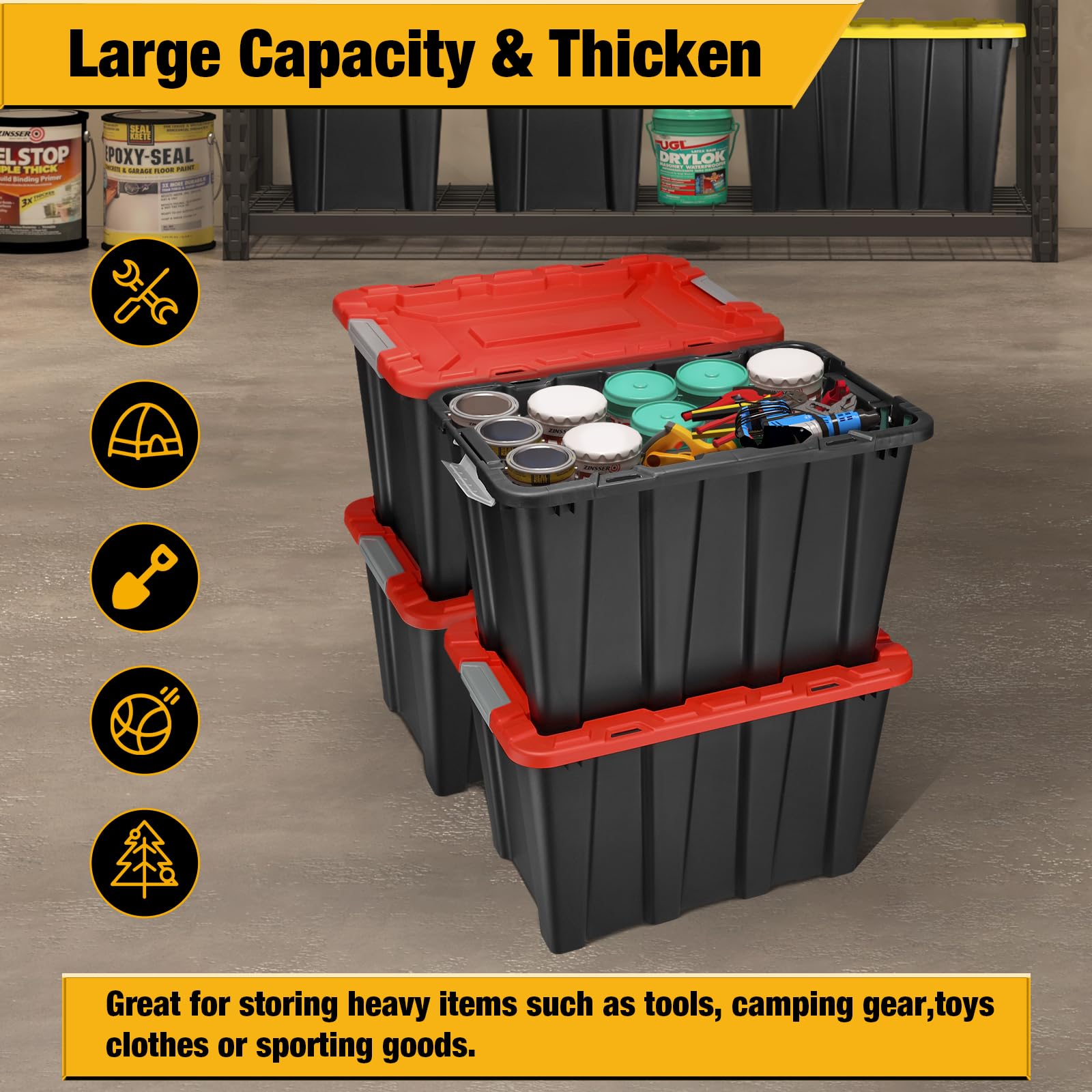 BROVIEW V12 16Gal Heavy Duty Plastic Storage Bins with Latching Lids, Stackable Tough Tote Storage Box Containers with Lock Hole & Handle for Garage Workshop Metal Rack (Black Base/Red Lid, 4Pack)