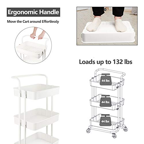 QiMH 3 Tier Rolling Storage Cart Heavy Duty Mobile Rolling Utility Cart with Handle Wheels Multifunction Large Storage Shelves Organizer