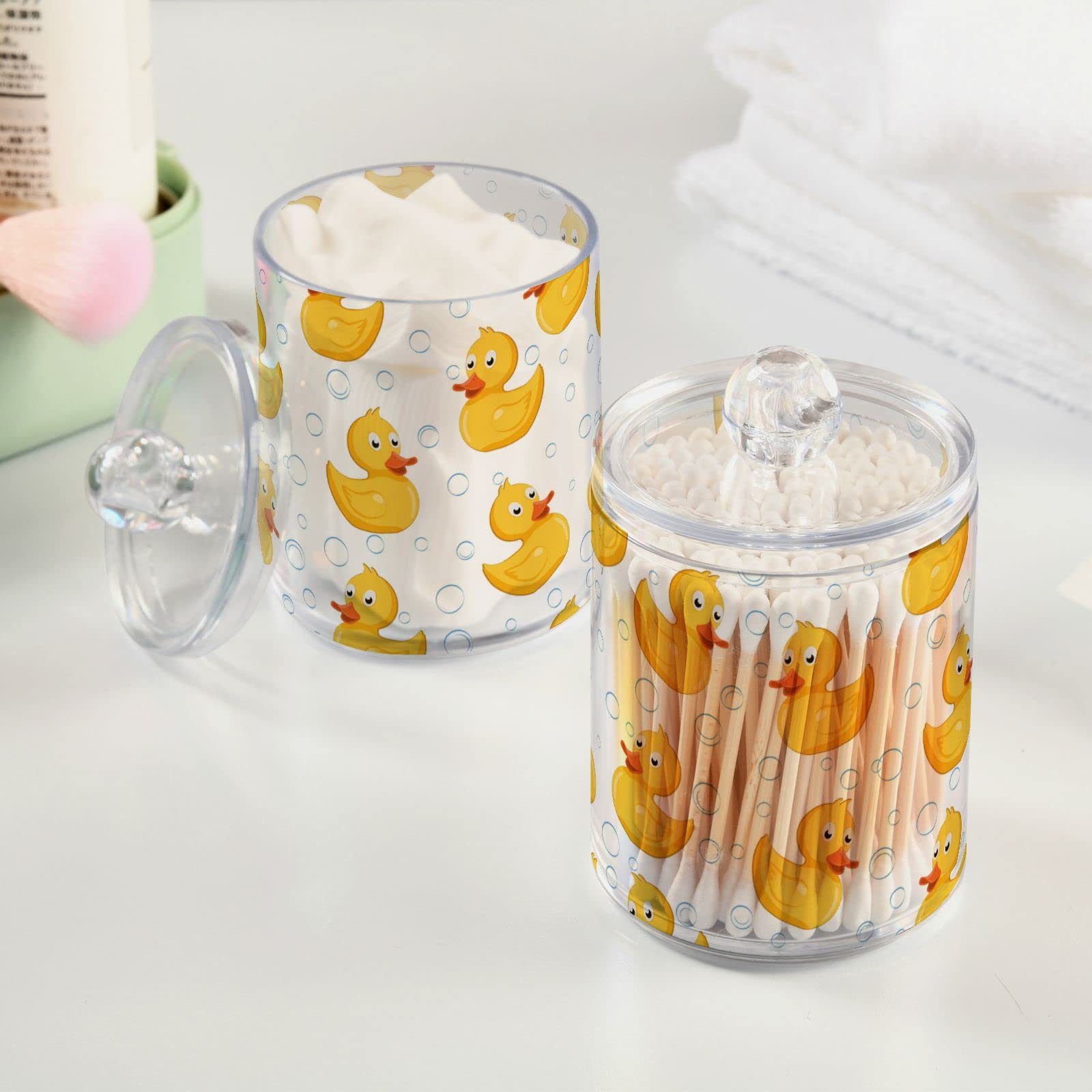 DOMIKING Rubber Duck 2 Pack Cotton Swab Holder Dispensers Plastic Jar Bathroom Storage Canister Acrylic Containers for Floss Makeup Sponges Cotton Ball