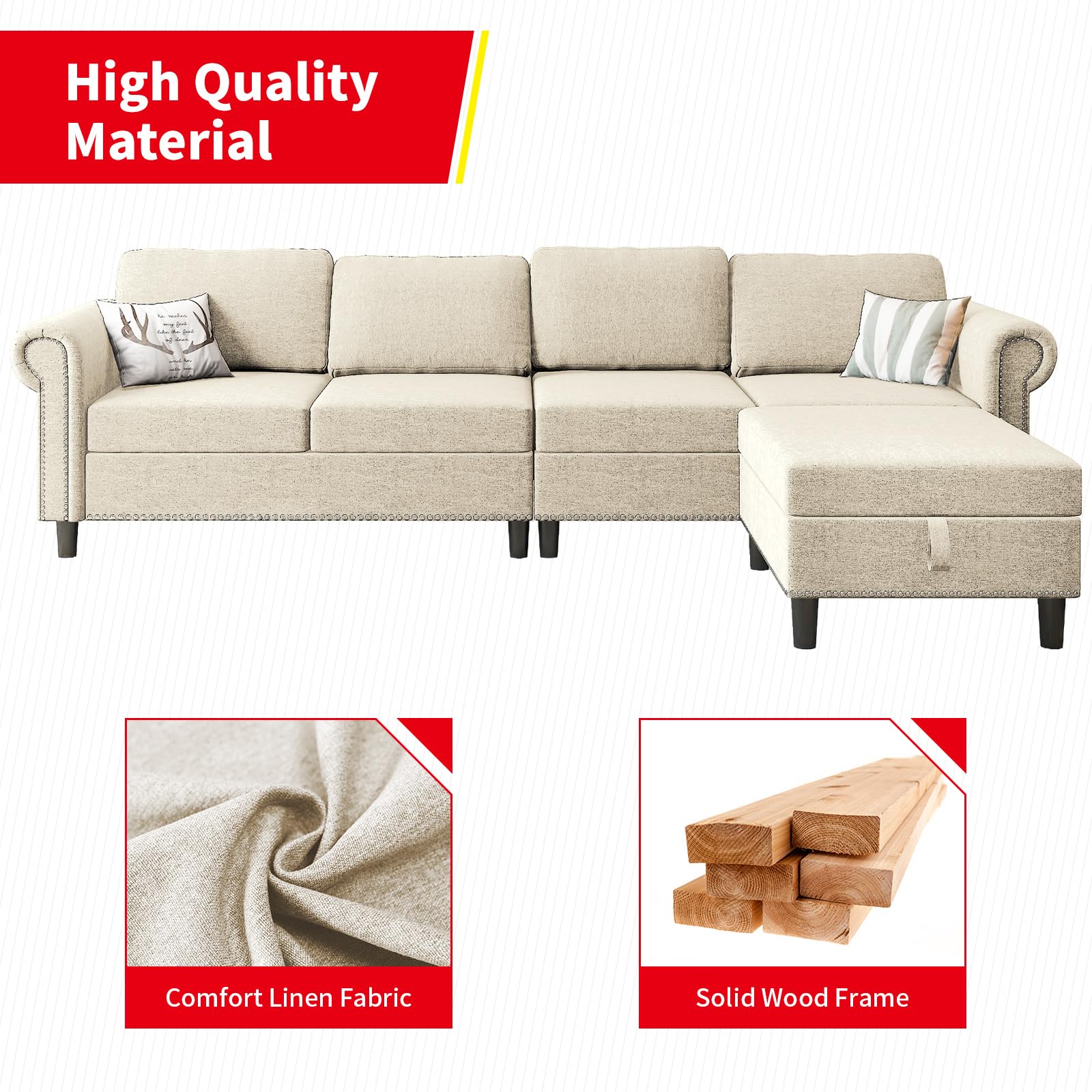 PUREMIND Beige L Shape 102" Sectional Sofa Couch with Movable Storage Ottoman, Linen 4 Seat Convertible Couch with Reversible Chaise, Living Room Sets for Office, Apartment