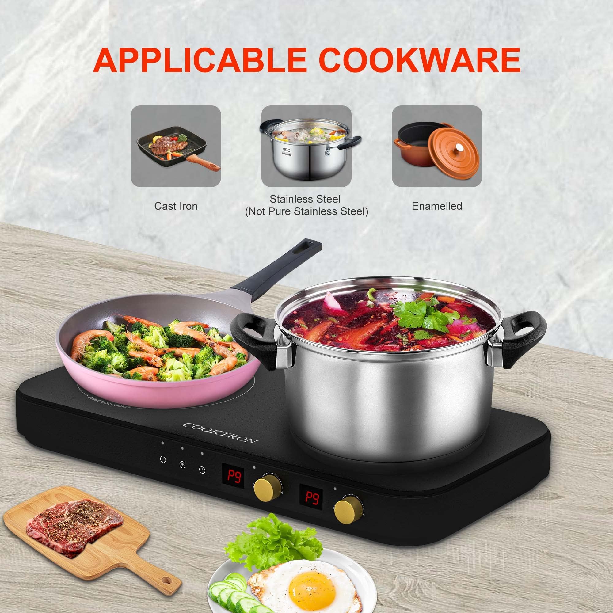 COOKTRON Portable Induction Cooktop 2 Burner with Removable Iron Cast Griddle Pan Non-stick, 1800W Double Induction Cooktop with Child Safety Lock & Time, Great for Family Party