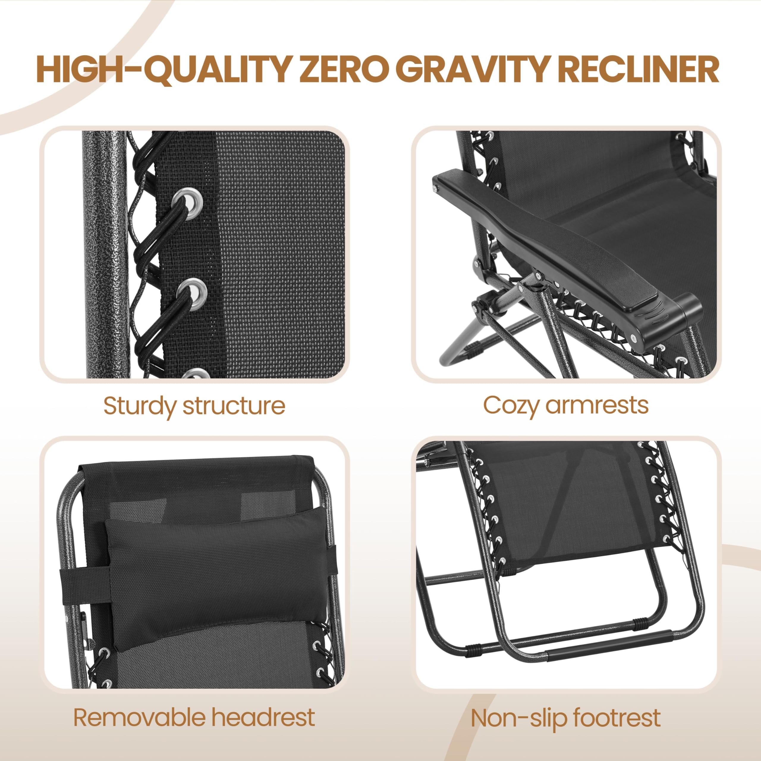 Yaheetech Zero Gravity Recliners Outdoor Adjustable Folding Reclining Lounge Chairs w/Pillows, Cup Holder Trays and Carry Strap for Patio Backyard Beach Black Set of 4