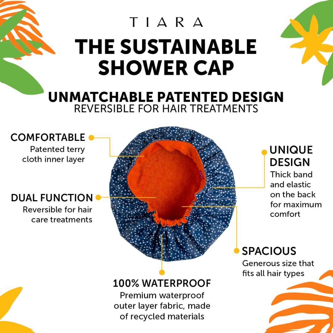 TIARA Luxury Shower Cap for Women Reusable Waterproof, Hair Cap for Long & Short Hair, All Size Flexi Adjustable Terry Lined Cloth Plastic Leakproof Soft, Breathable, Durable & Comfy (Dots Blue)