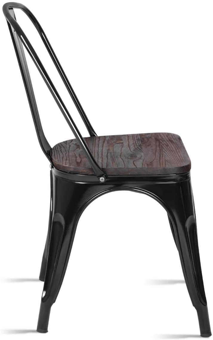 S AFSTAR 18 Inch Dining Chair Set of 4, Stackable Metal Chairs w/Wood Top Seat, Bistro Cafe Side Chair w/High Backrest for Kitchen Patio Restaurant Indoor (Black)