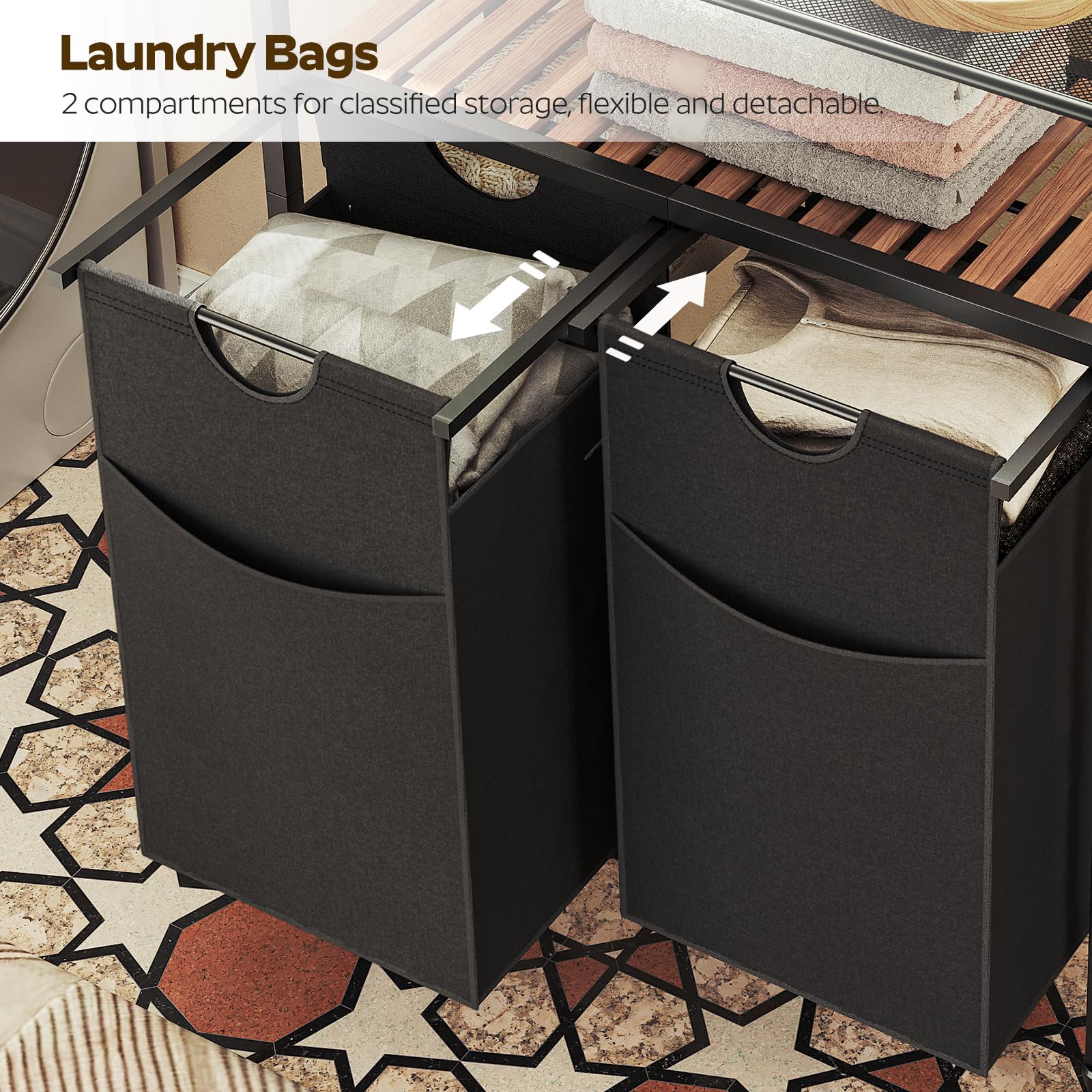 YATINEY Laundry Hamper with Wheels, Laundry Sorter 2 Section, Rolling Laundry Basket, 2 Pull-Out and Removable Laundry Bags, for Laundry Room, Badroom, Rustic Brown LS22BR